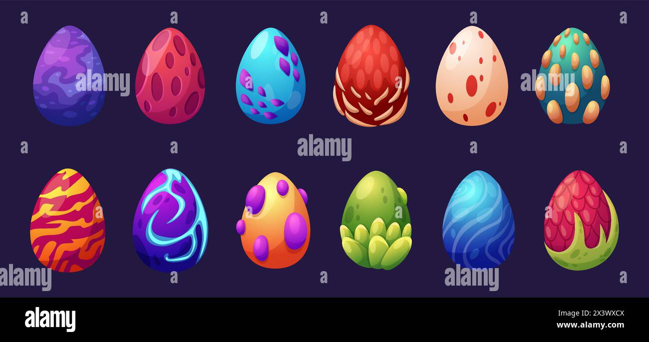 Fantasy eggs. Cartoon dinosaur or dragon different egg. Energy and ...