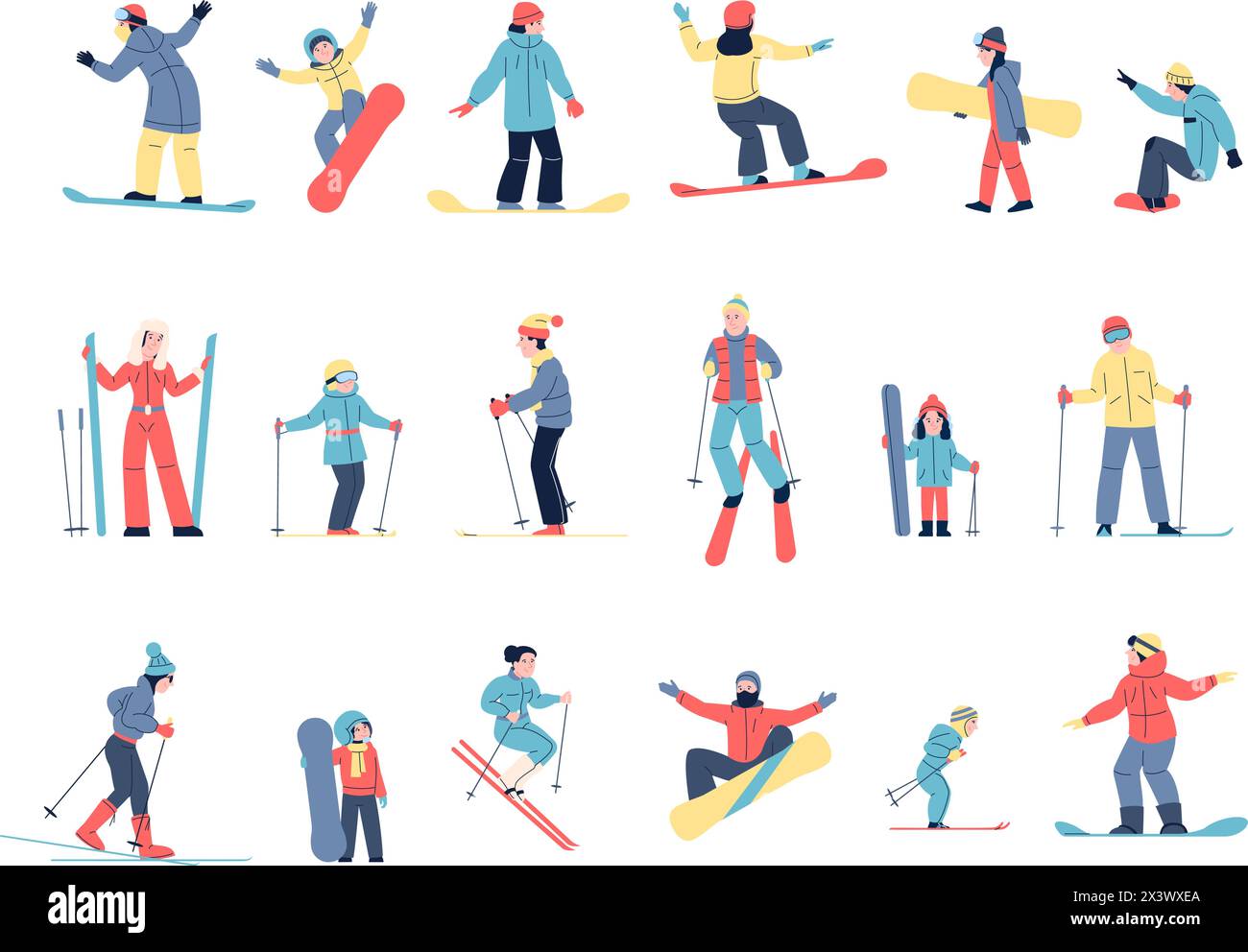 Children skiers. Different ski resort characters. Winter outdoor ...