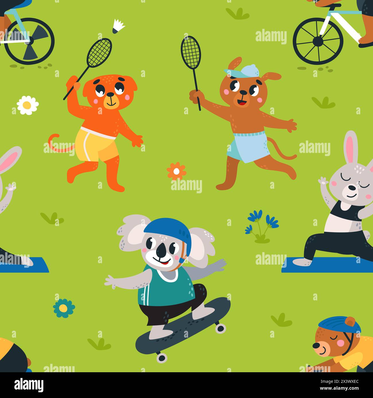 Sport animal seamless pattern. Animals athletes in park doing different ...