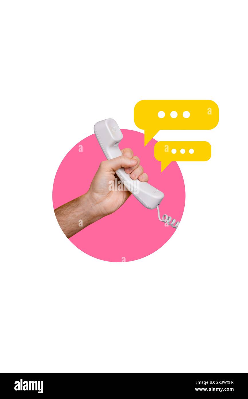 Vertical photo collage picture human hand hold telephone landline help ...