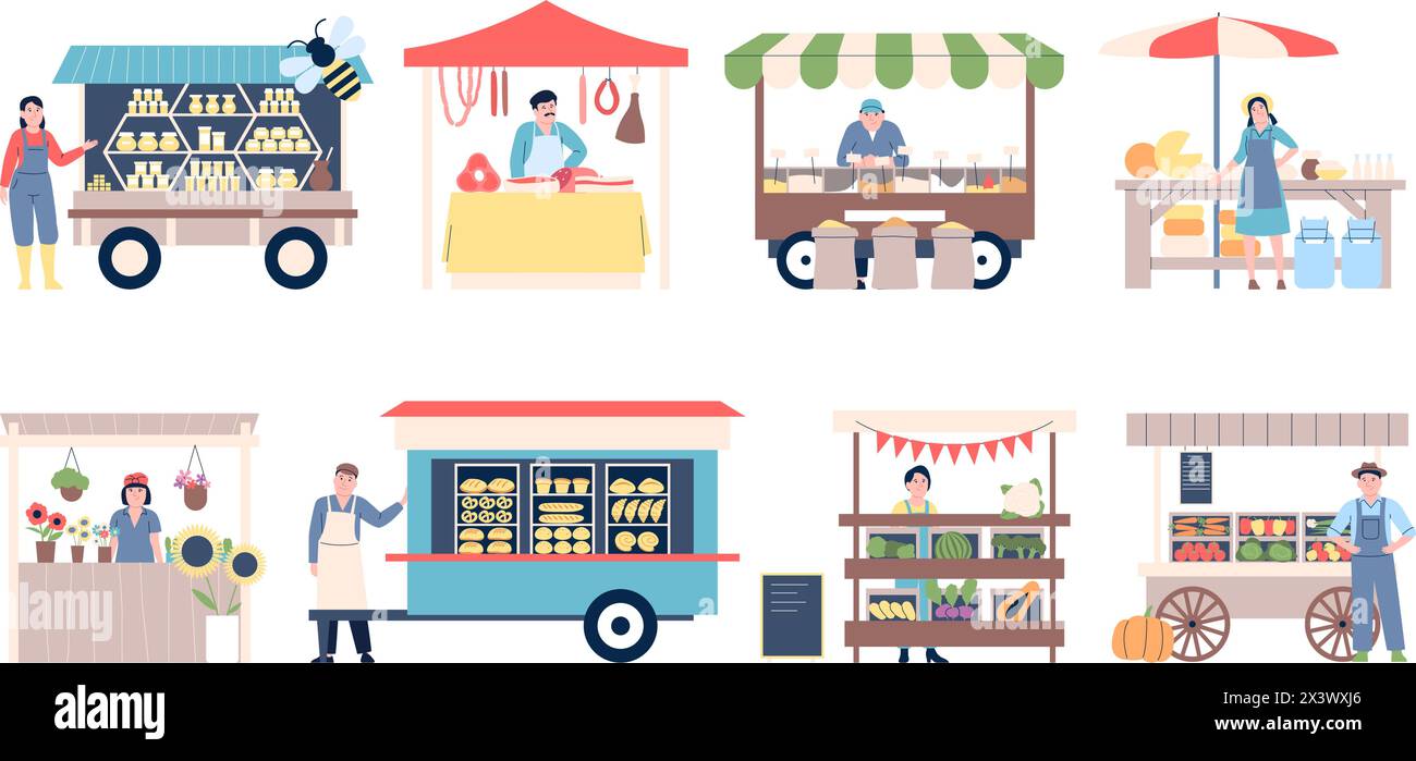 Farm market stall. Vendors with agriculture products, flowers ...