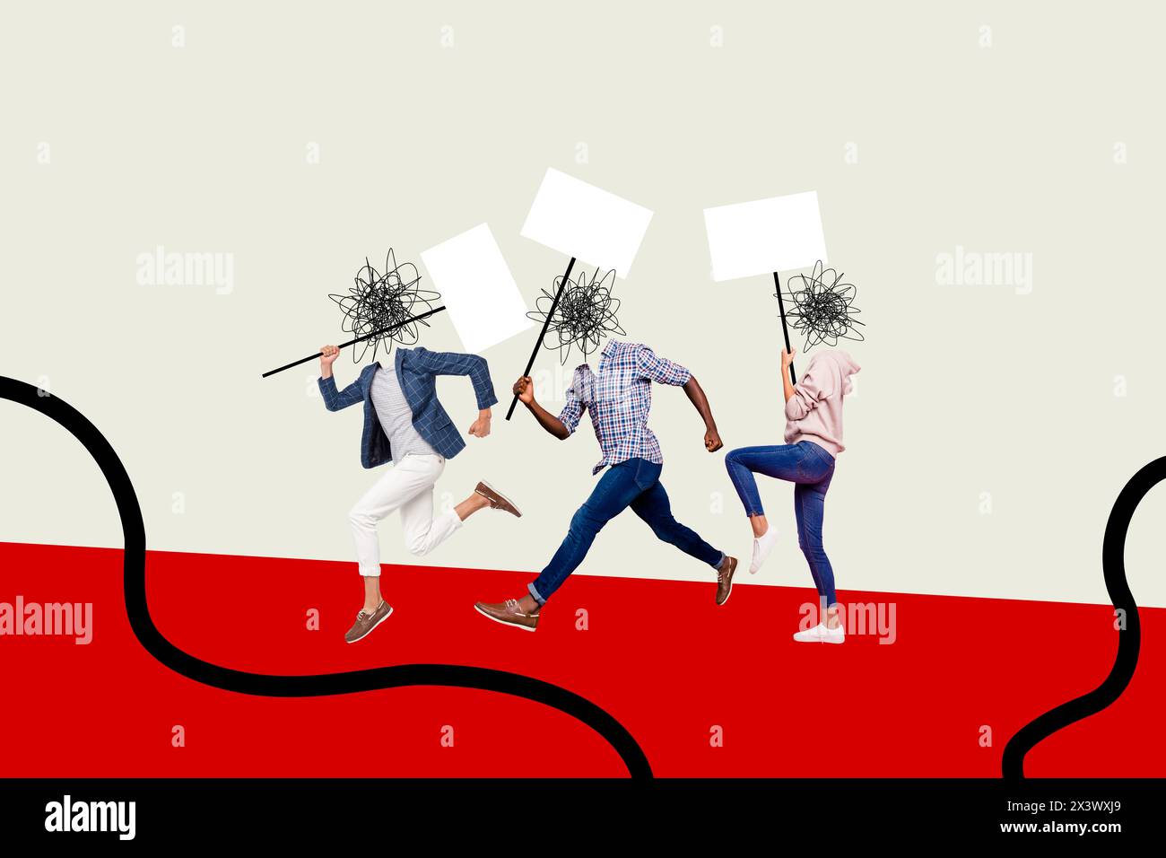 Composite photo collage of headless people crowd run hold picket ...