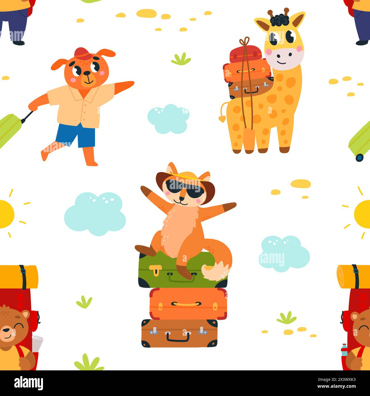 Cartoon animals with bags. Animal seamless pattern, travelling and ...