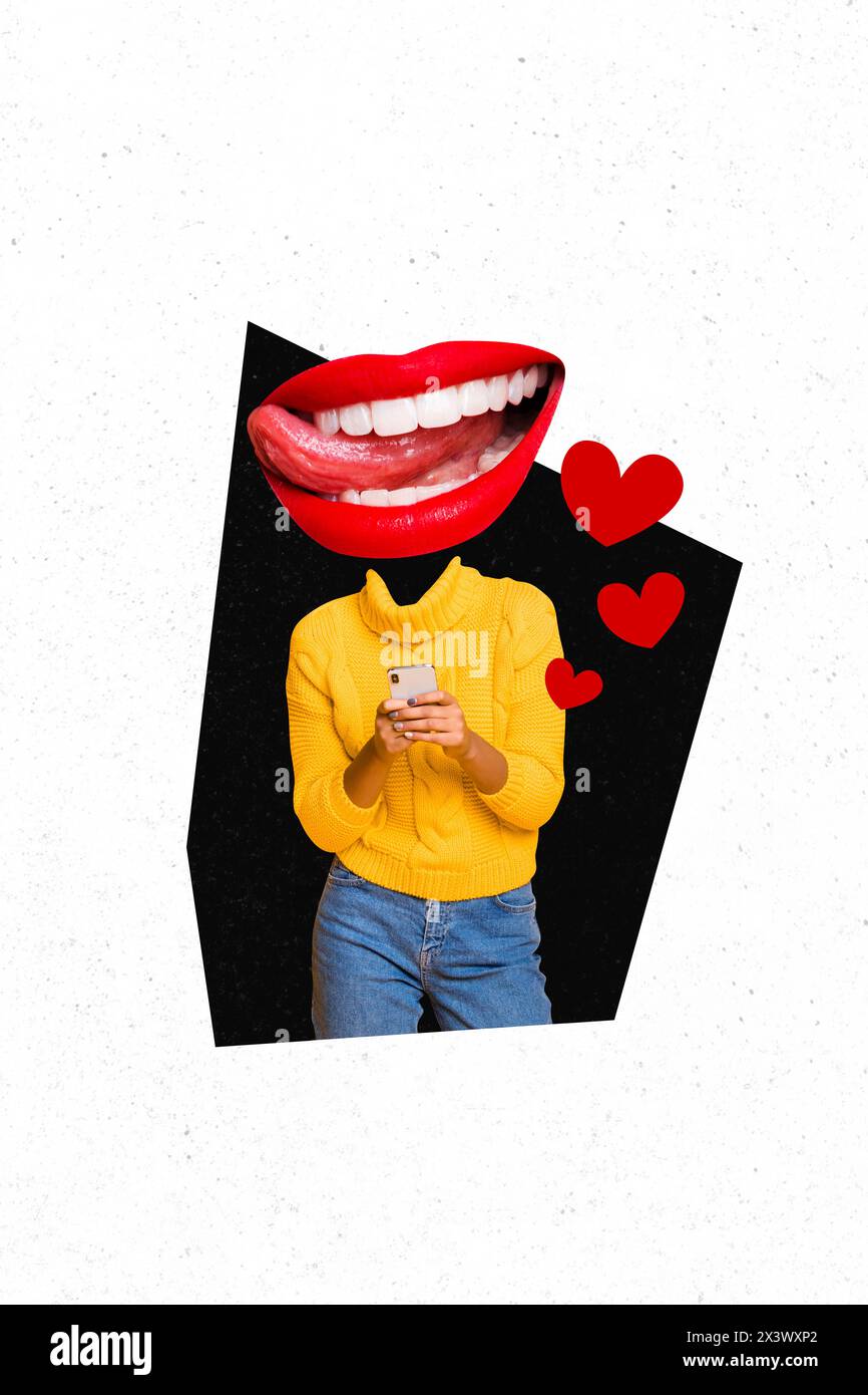 Vertical photo collage of girl instead head mouth smile tongue hold ...