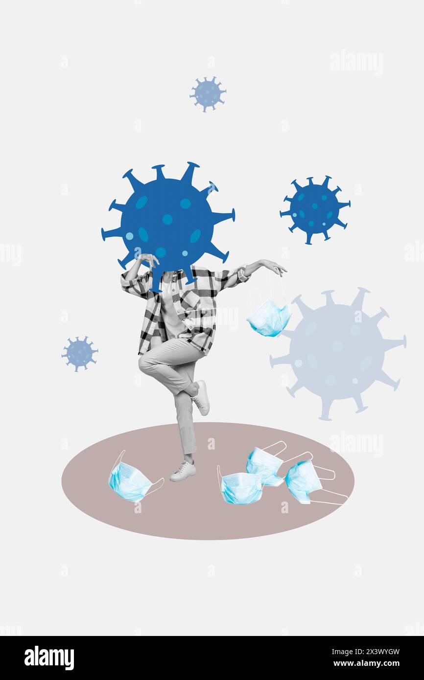 Vertical photo collage of dance human instead head coronavirus microbe ...