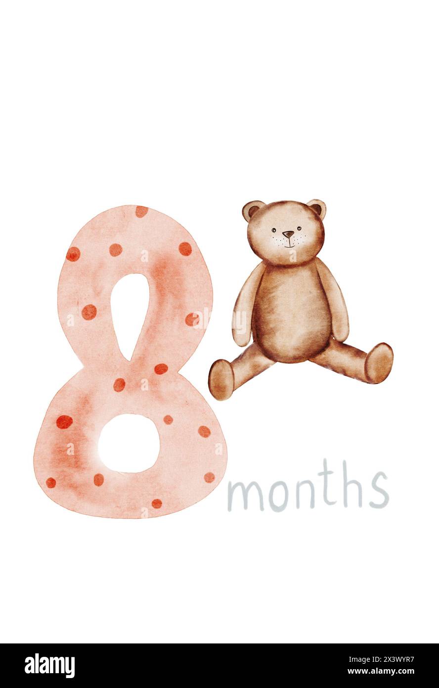 Baby months card with number 8. Cute metric hand drawing with birth ...