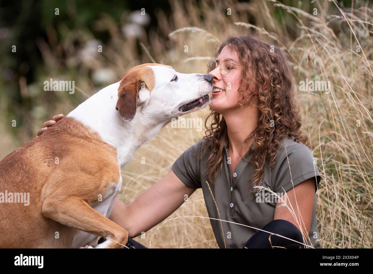 Woman cuddles a mixed-breed dog (Boxer x ?). Germany Stock Photo - Alamy