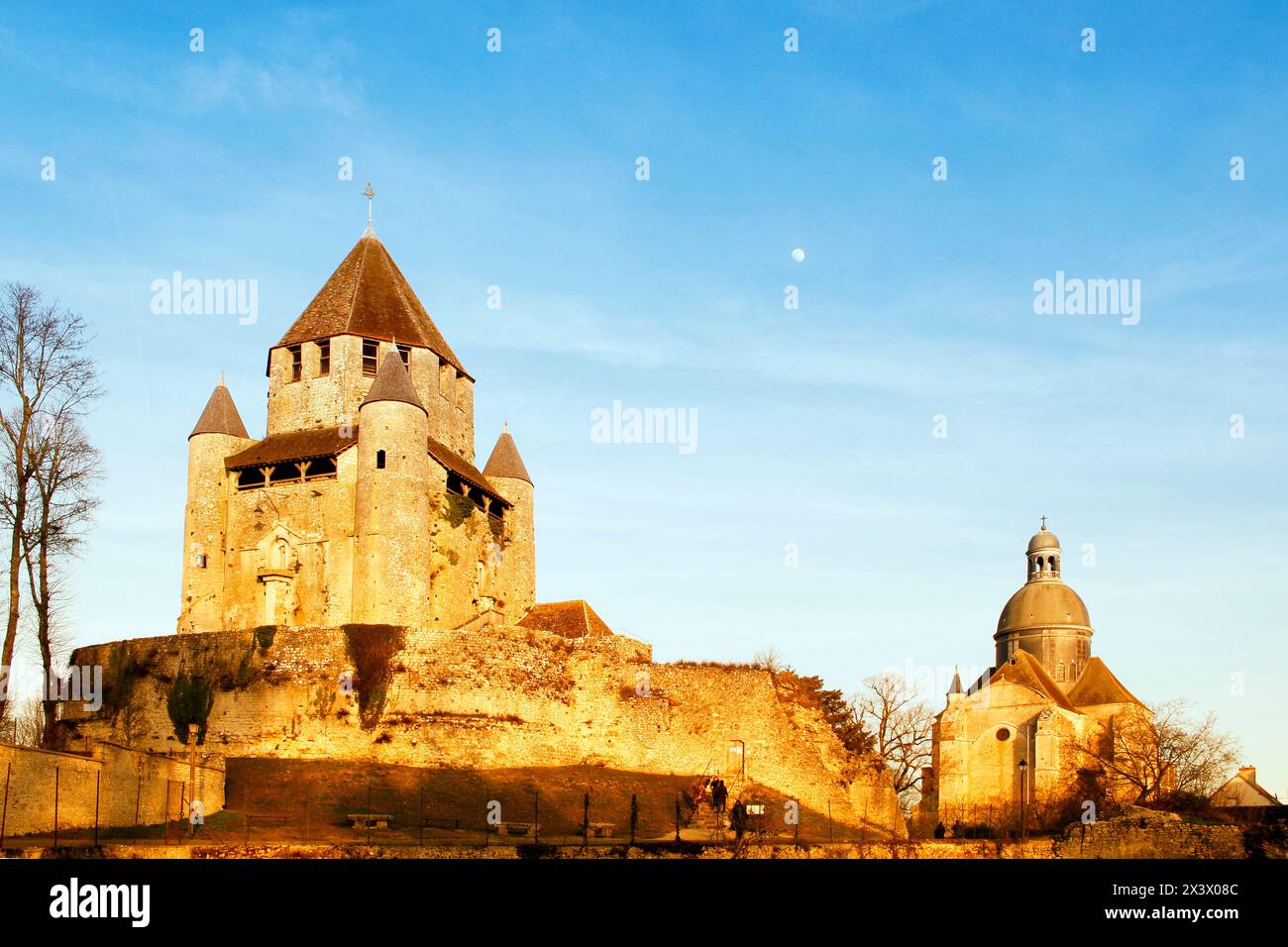 Seine et Marne. Provins, medieval city, Saint-Quiriace collegiate on the right and Caesar tower ...