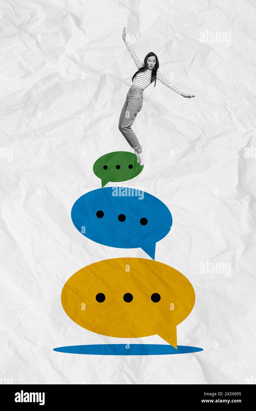 Composite trend sketch photo collage of young lady balance on huge text ...