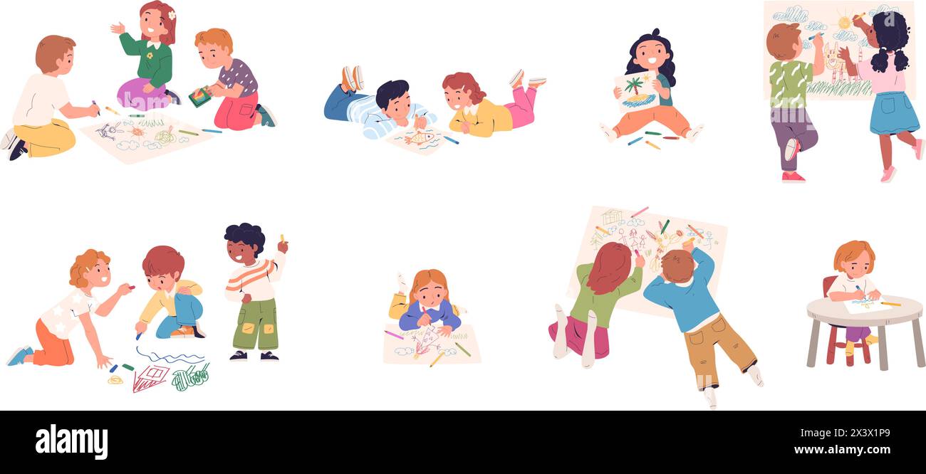 Kids painting hobby. Child art workshop, happy children creating ...