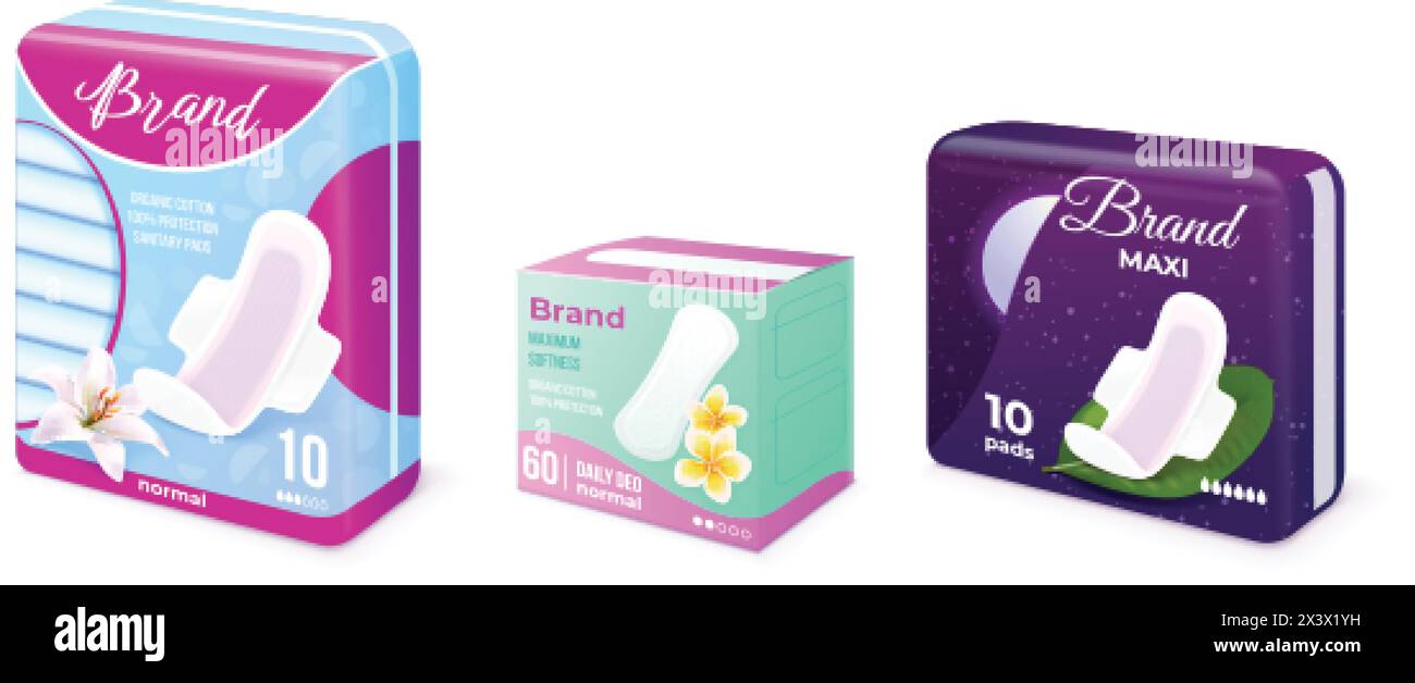 Feminine pads pack. Realistic sanitary pads packaging box advertising ...