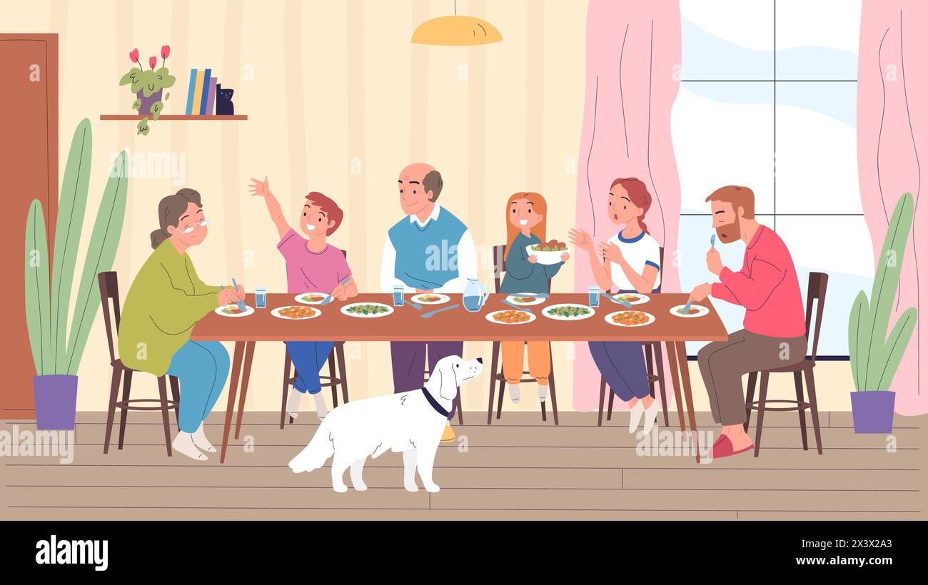Family dinner together. Cartoon child parents grandparents eat holiday ...
