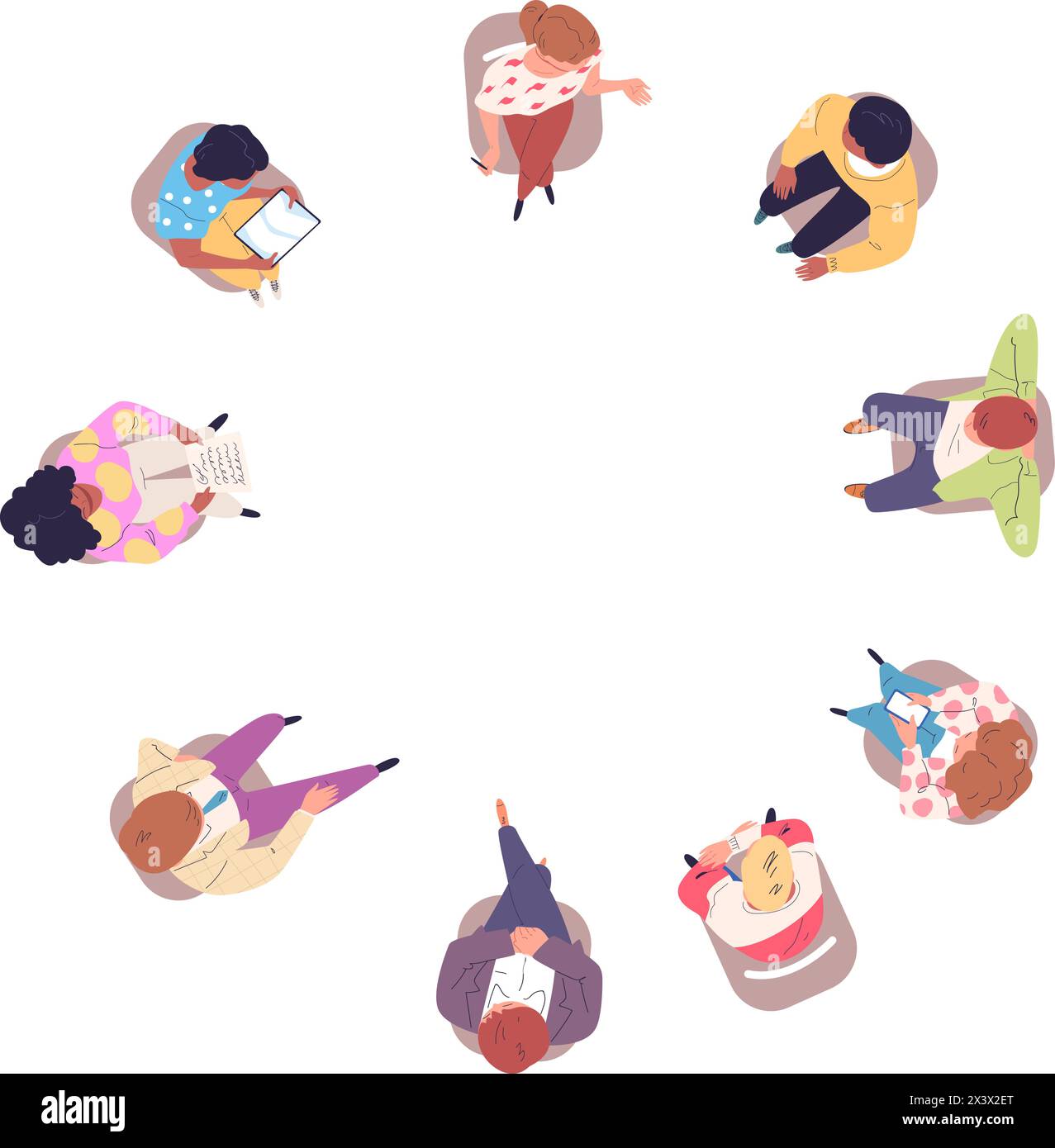 Above sitting circle people. Sit employee corporate group or addiction ...