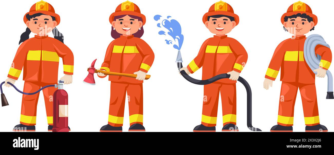 Kids firefighters. Children firemen cartoon cute characters, child ...
