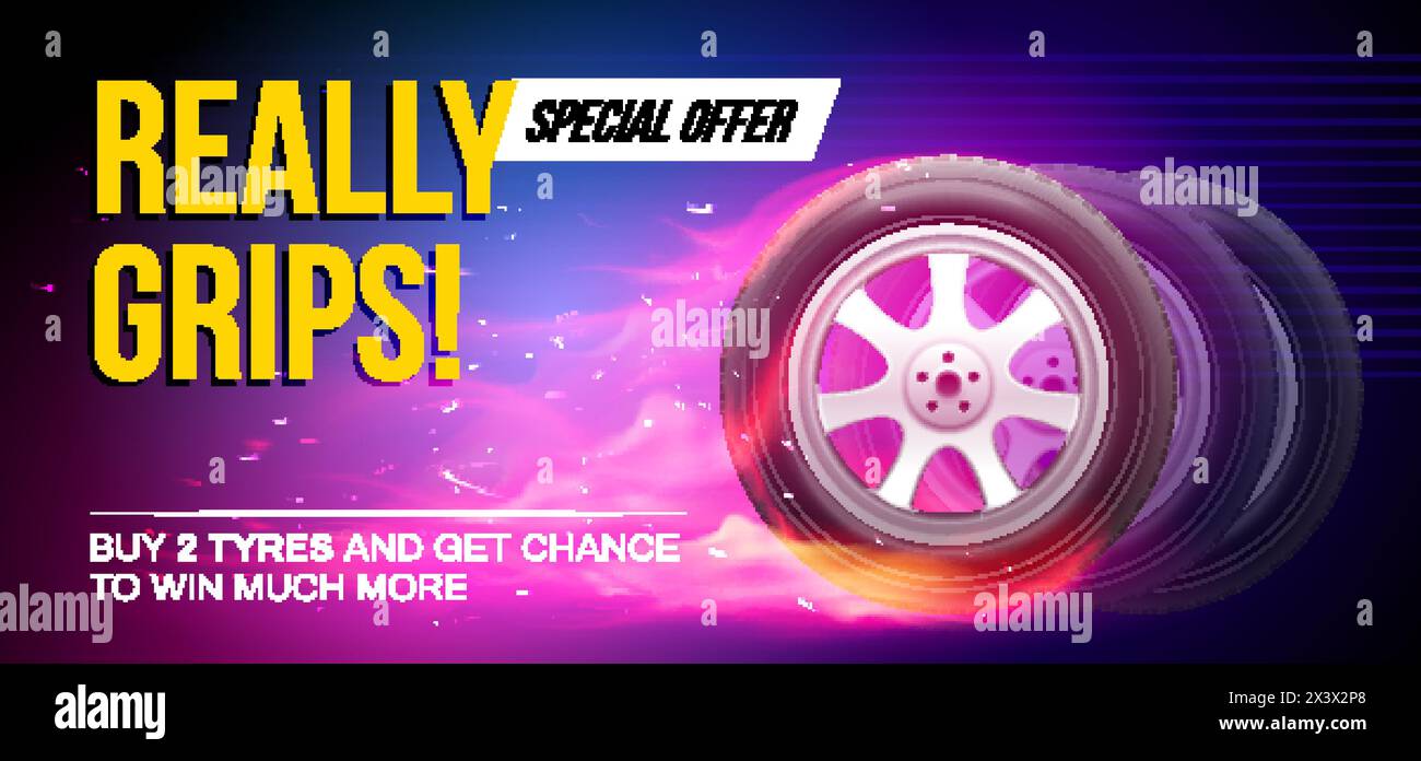 Realistic tires banner. Commercial tyres sale advertising poster, car ...