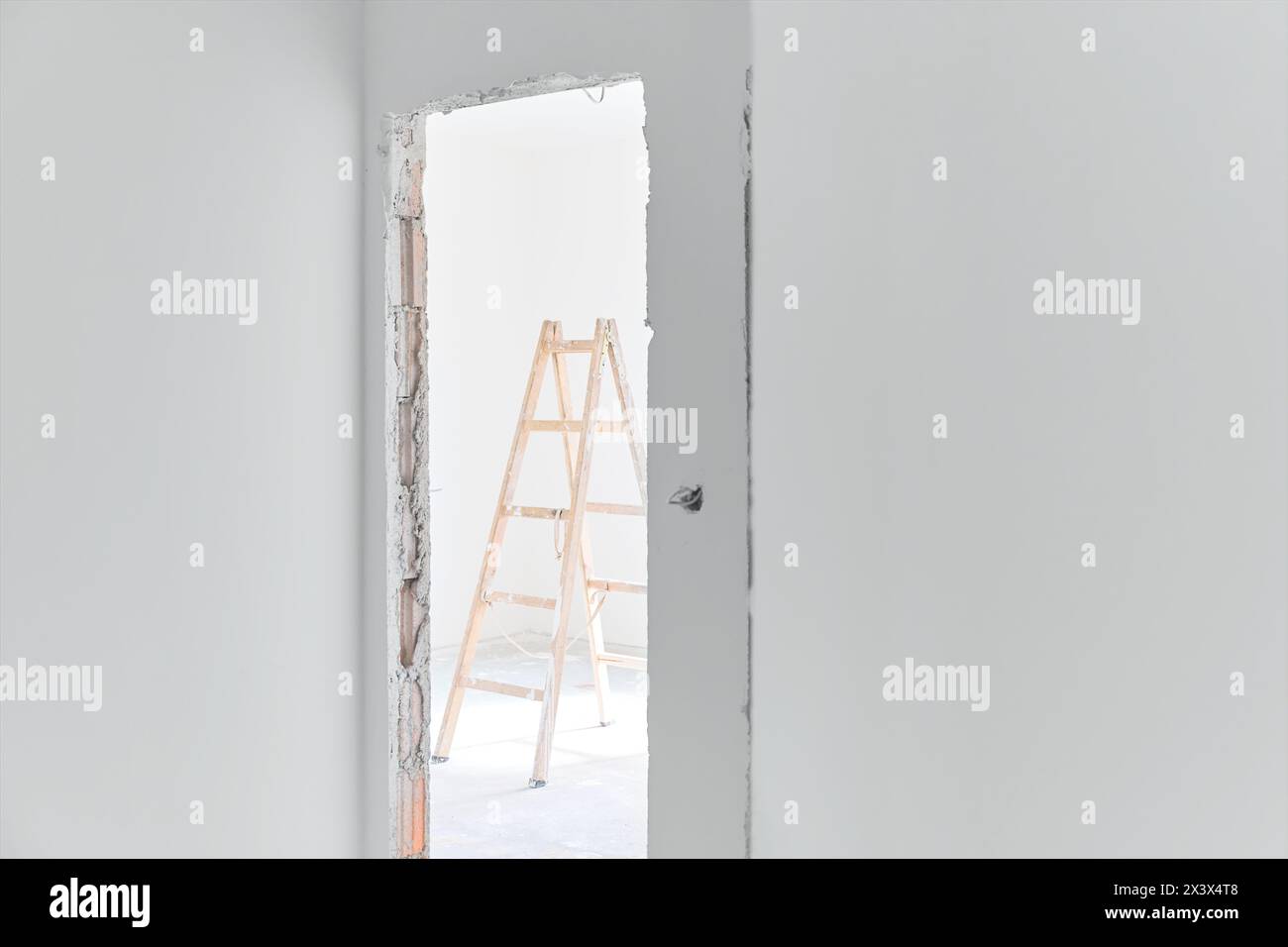 Wooden twin step ladder on construction site, selective focus Stock ...