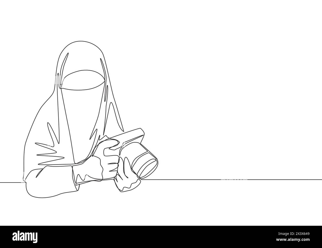 One continuous line drawing of young happy saudi arabian muslimah ...
