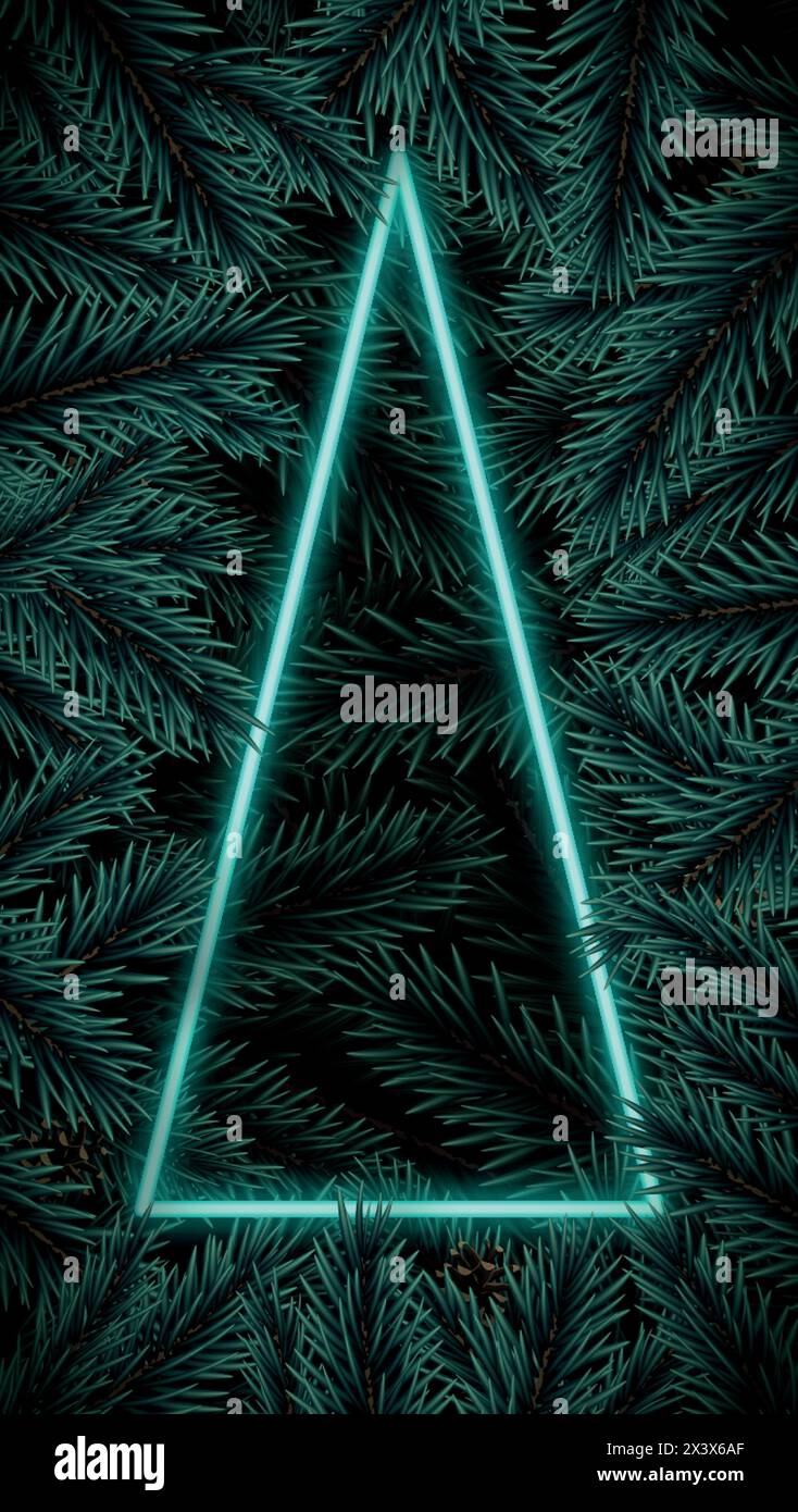Christmas tree branches vertical background. Blue frame in the form of ...