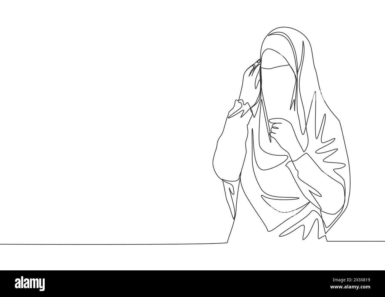 One continuous line drawing of young happy cute saudi arabian muslimah ...