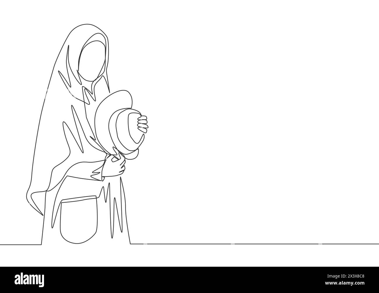 One continuous line drawing of young happy muslimah on Islamic cloth ...