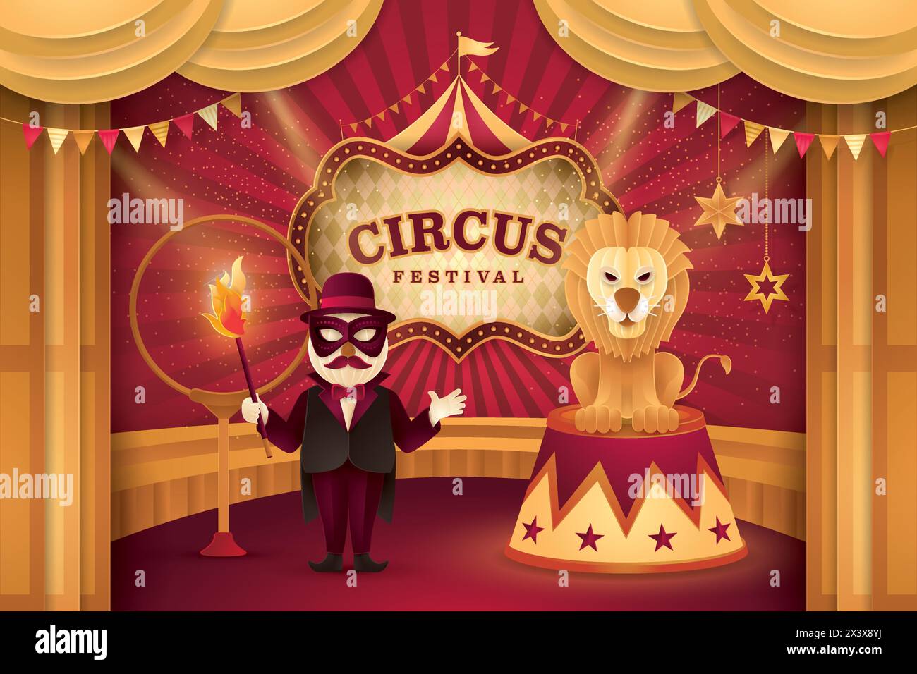 Great Circus show, Lion on a circus stand and Performer Controlling ...