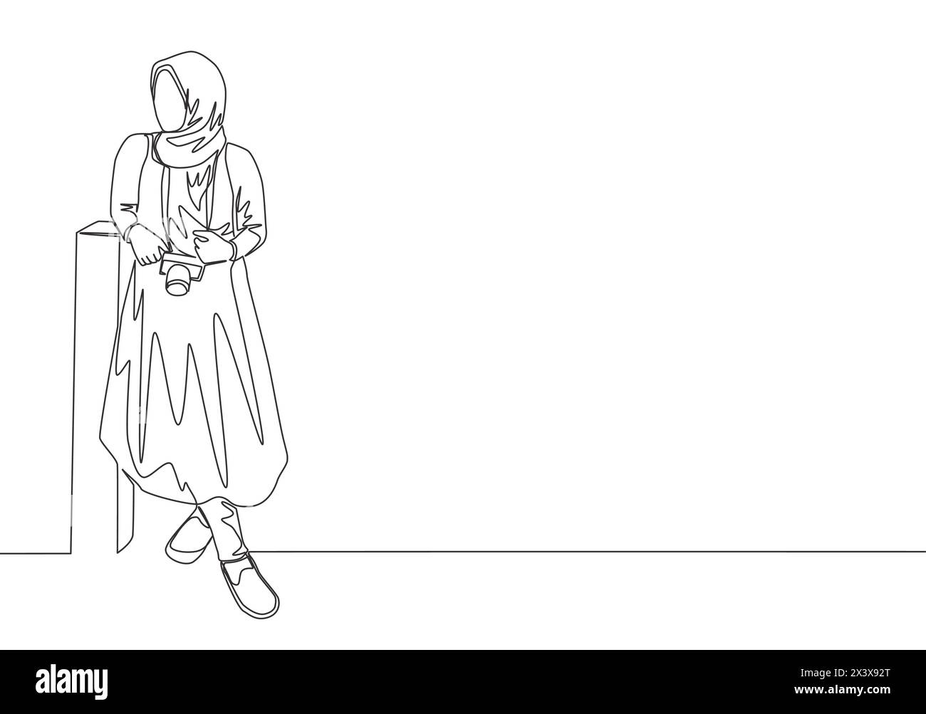 One continuous line drawing of young happy muslim girl with veil ...
