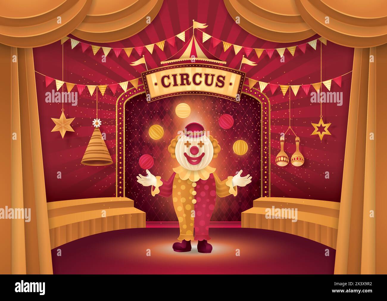 Amazing Circus show, Funny Clown Show, Man Juggling Balls, Gold ...