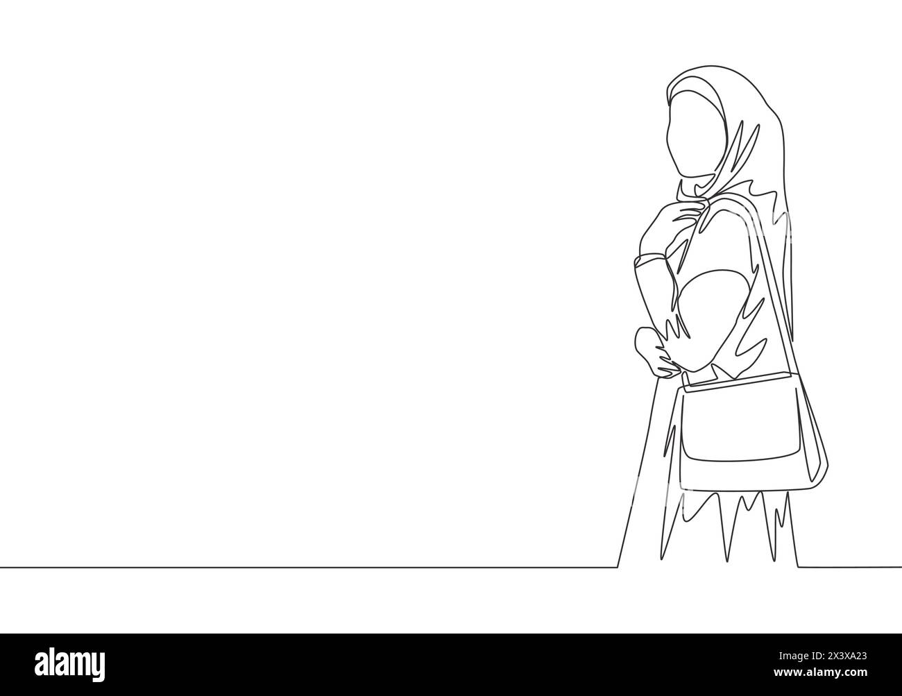 One single line drawing of young happy muslimah on Islamic cloth ...