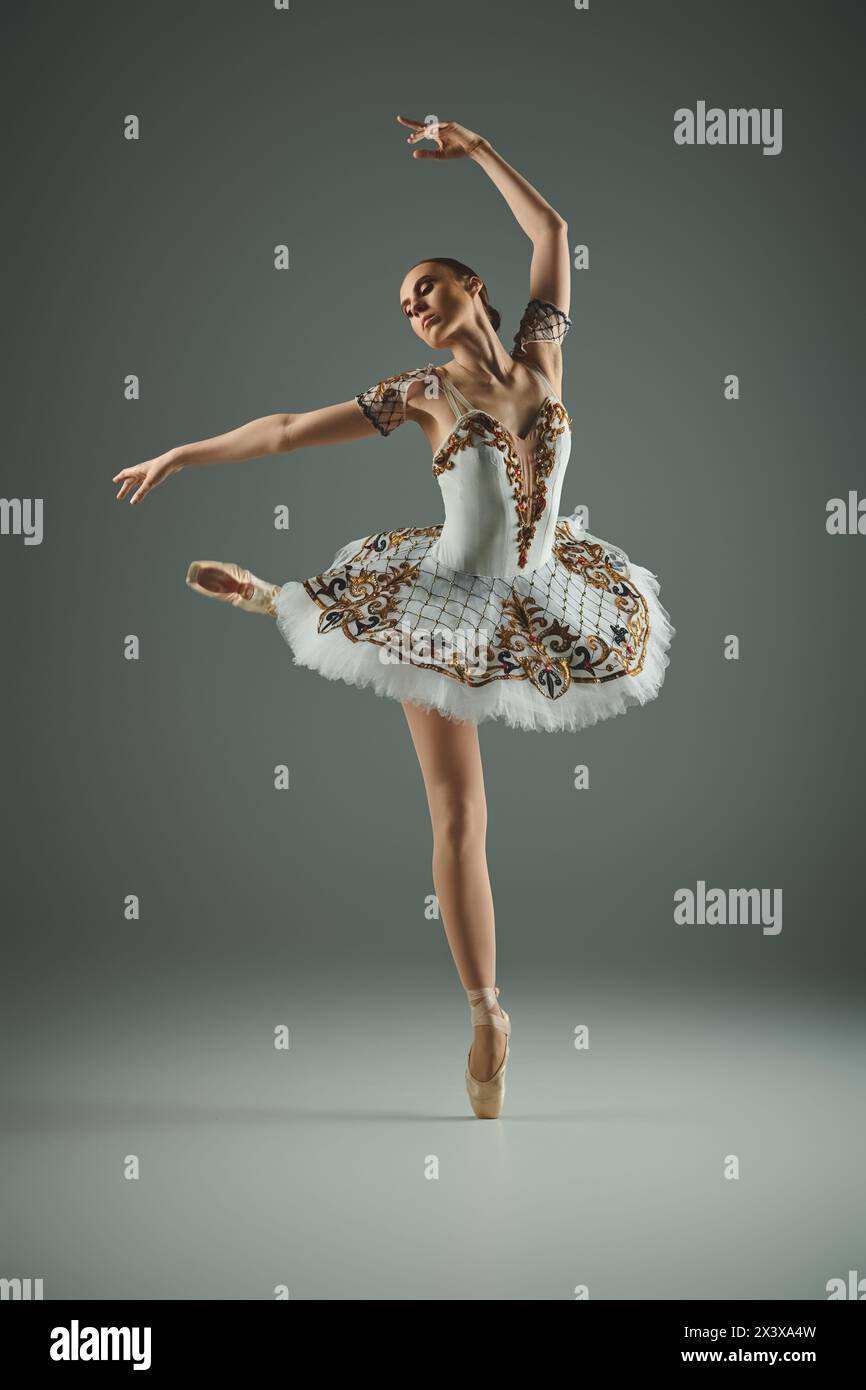 A young, talented ballerina in a white tutu and dress dances gracefully ...