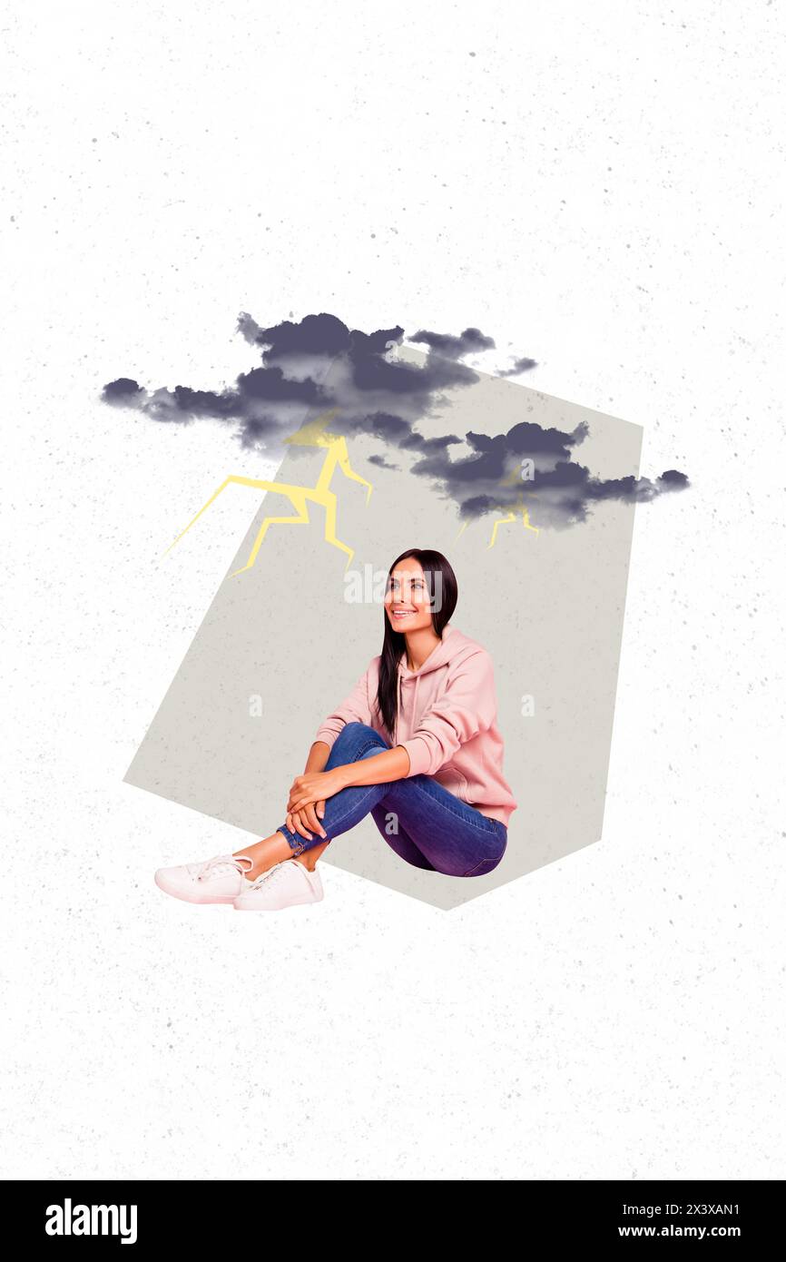 Vertical creative image collage young cheerful girl sitting ...