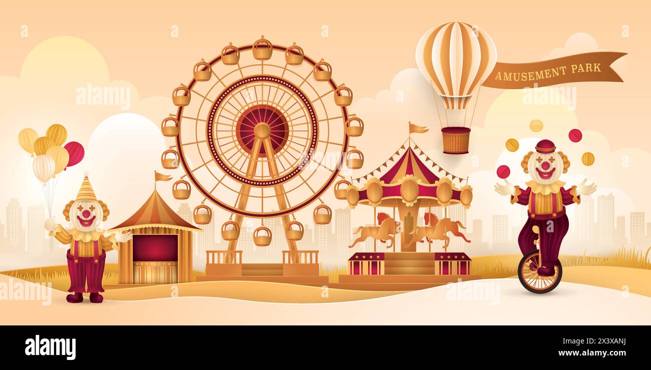 Amusement Park Landscape with Carousels, Wheel Ferris Fun Fair, Air balloon with Banner, Funny ...