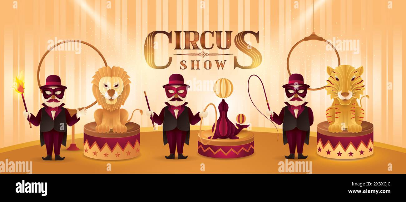 Circus Artists Actors show set, Lion, Tiger and Fur Seal on a circus ...