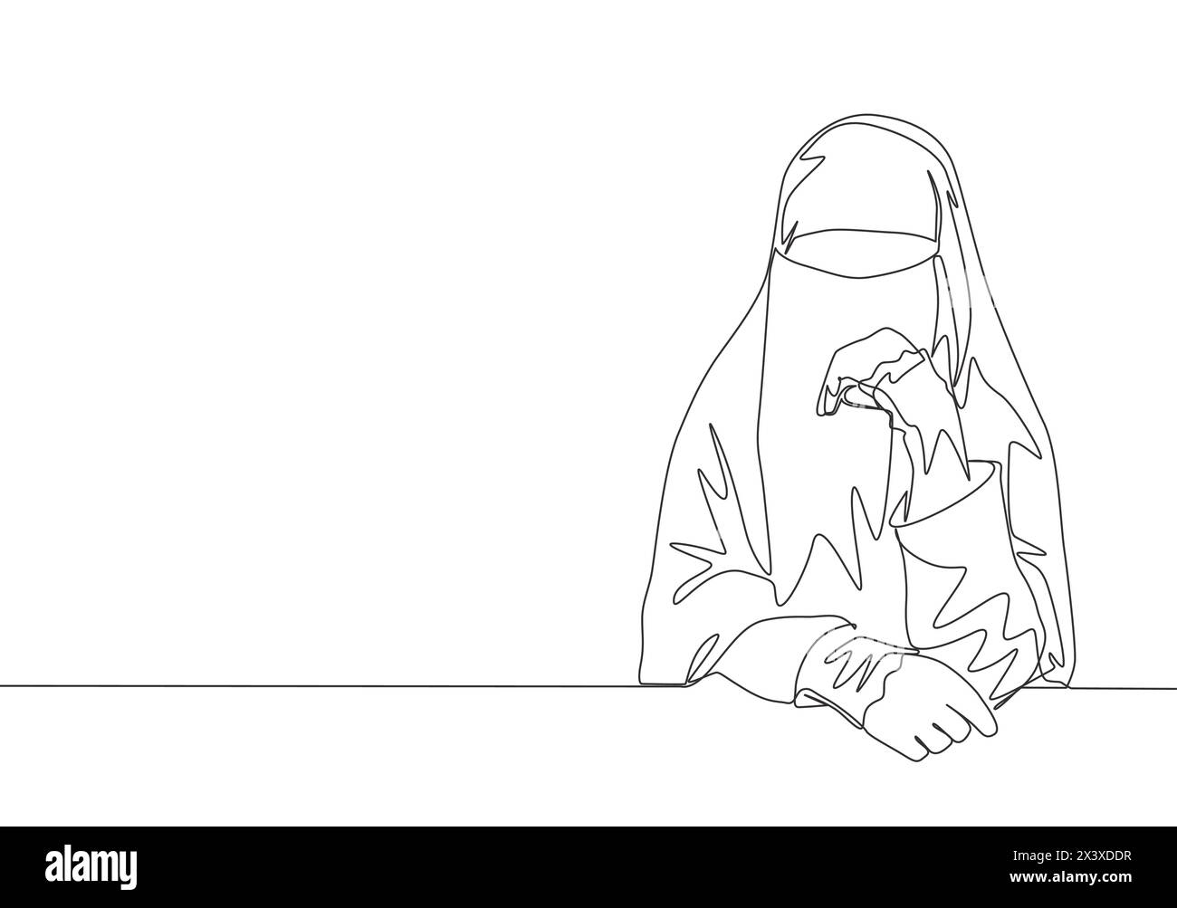 One single line drawing of young happy beauty saudi arabian muslimah ...