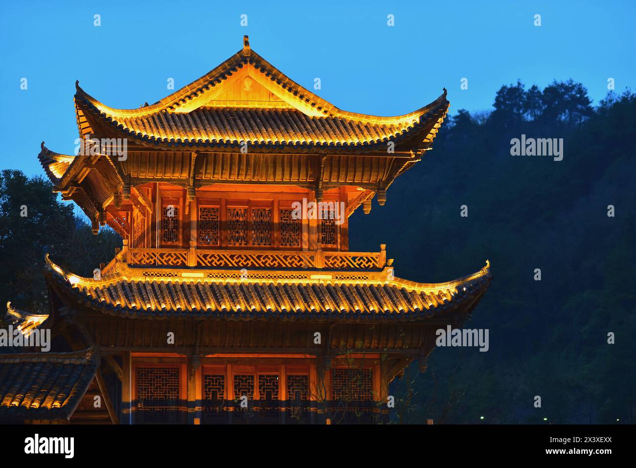 One of the core buildings at dusk at Wujiang Village, a cultural ...