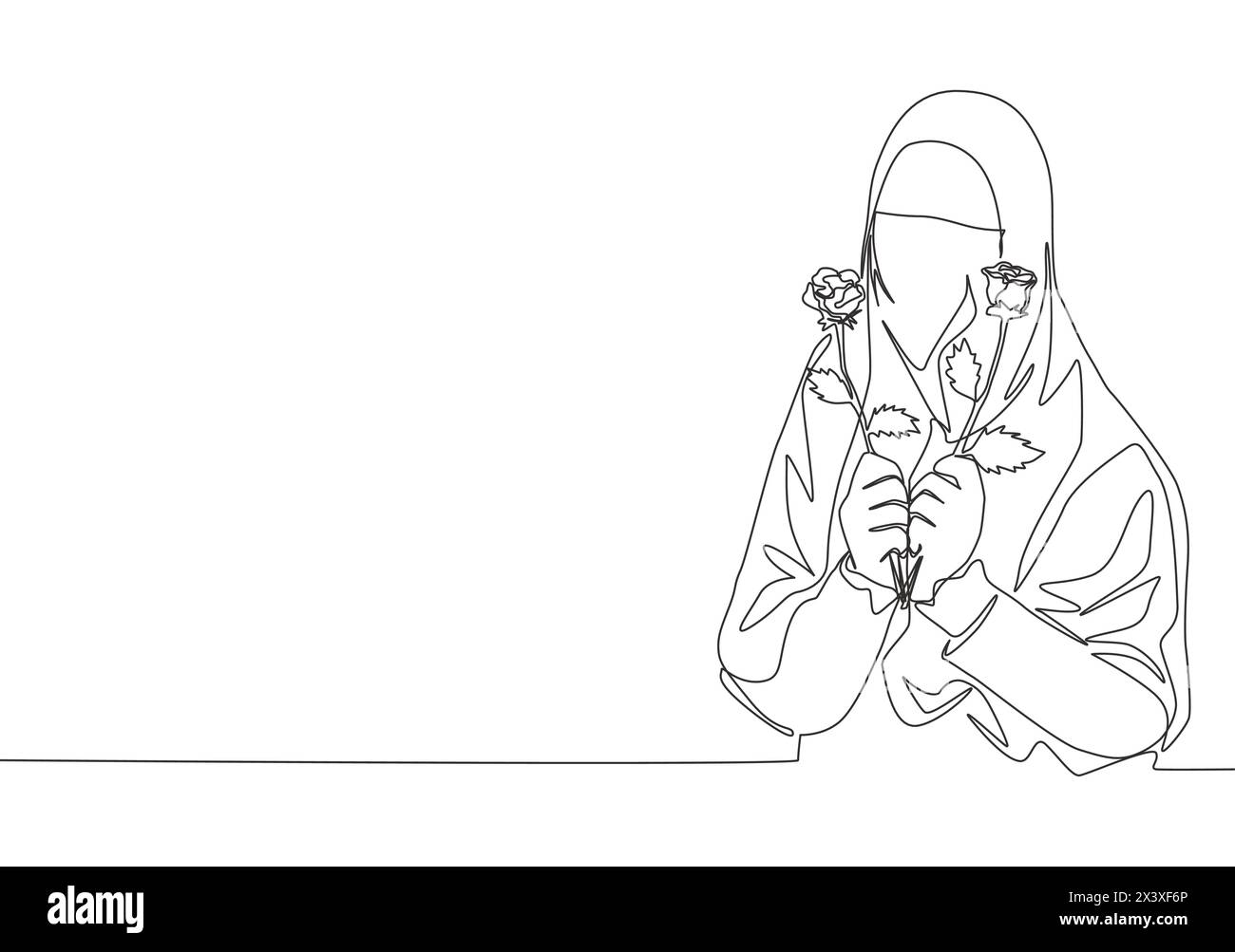 Single continuous line drawing of young happy saudi arabian muslimah ...