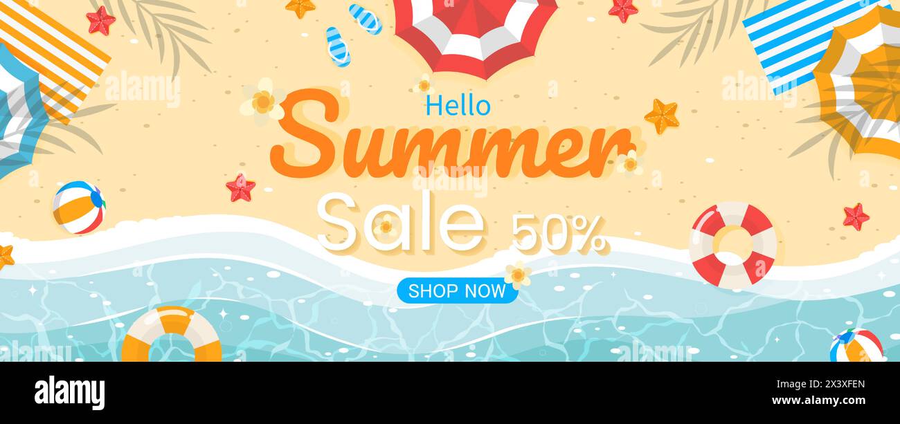 Summer sale promotion banner. Top view of sunny beach side with ocean ...