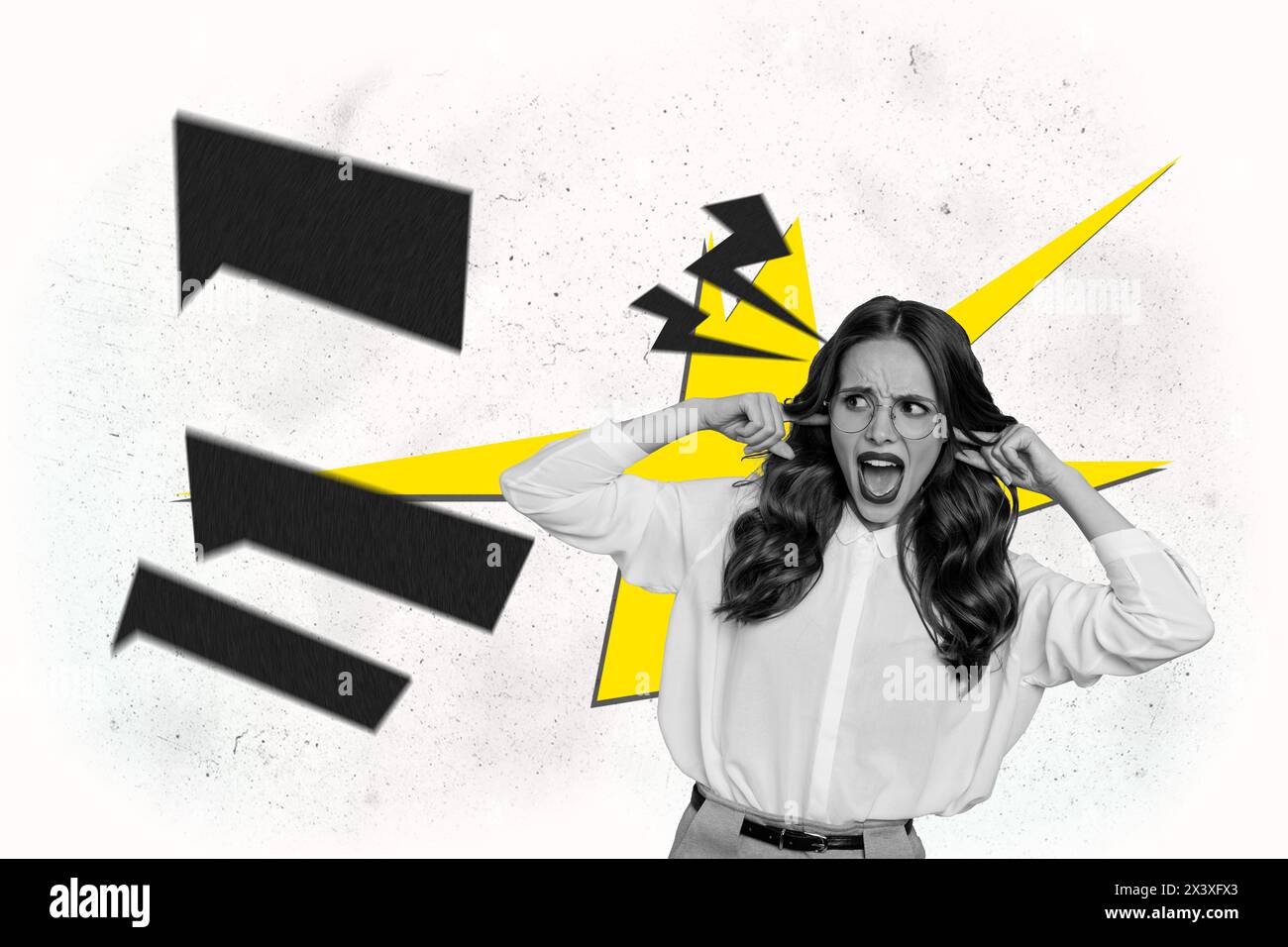 Composite photo collage of dissatisfied pretty girl scream close ears ...