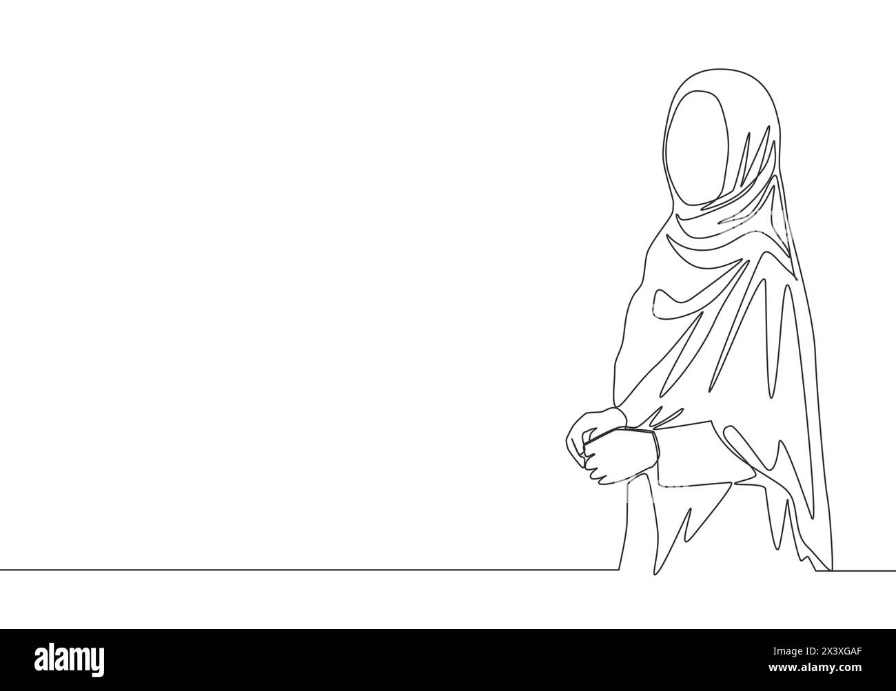 Single continuous line drawing of young happy muslimah girl with ...