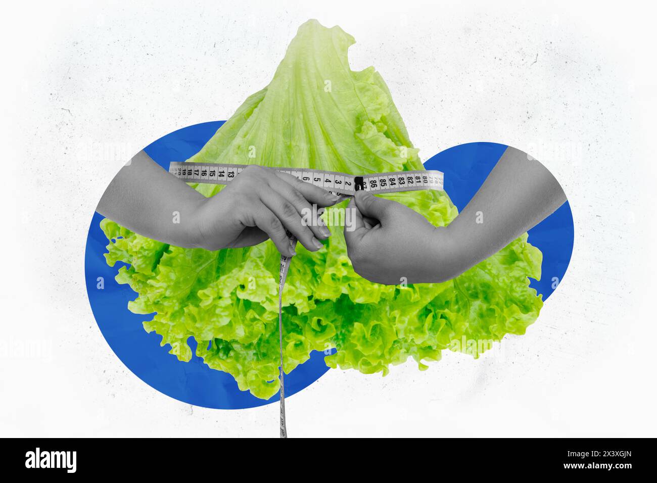 Composite photo collage of hand hold measure tape ruler big fresh green ...