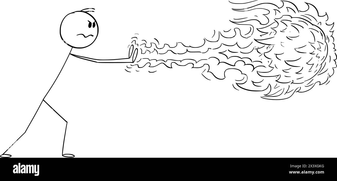 Wizard Casts a Fire Spell, Vector Cartoon Stick Figure Illustration ...