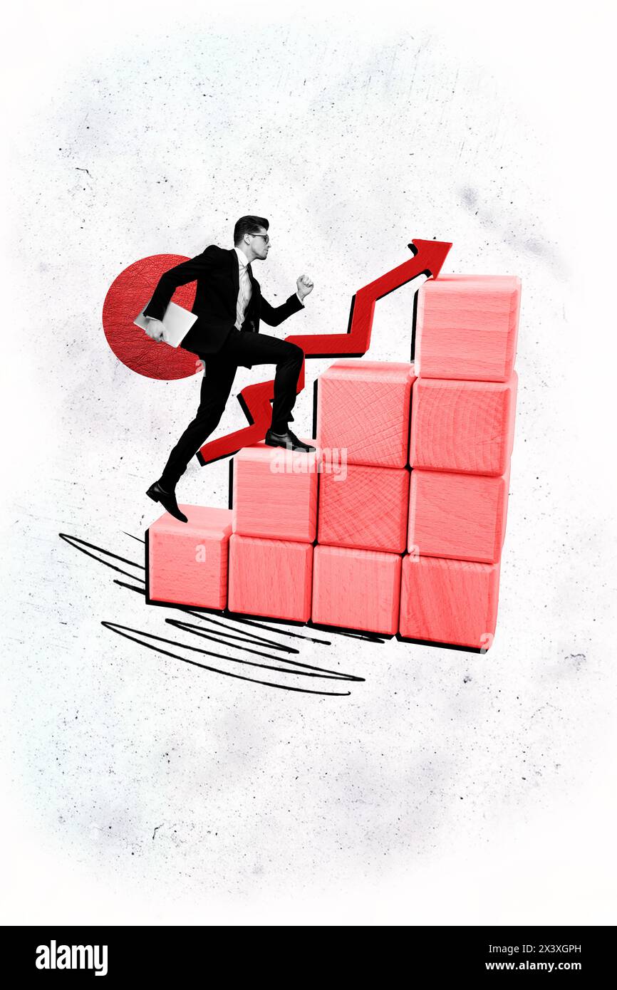 Vertical photo collage of serous young businessman step promotion ...