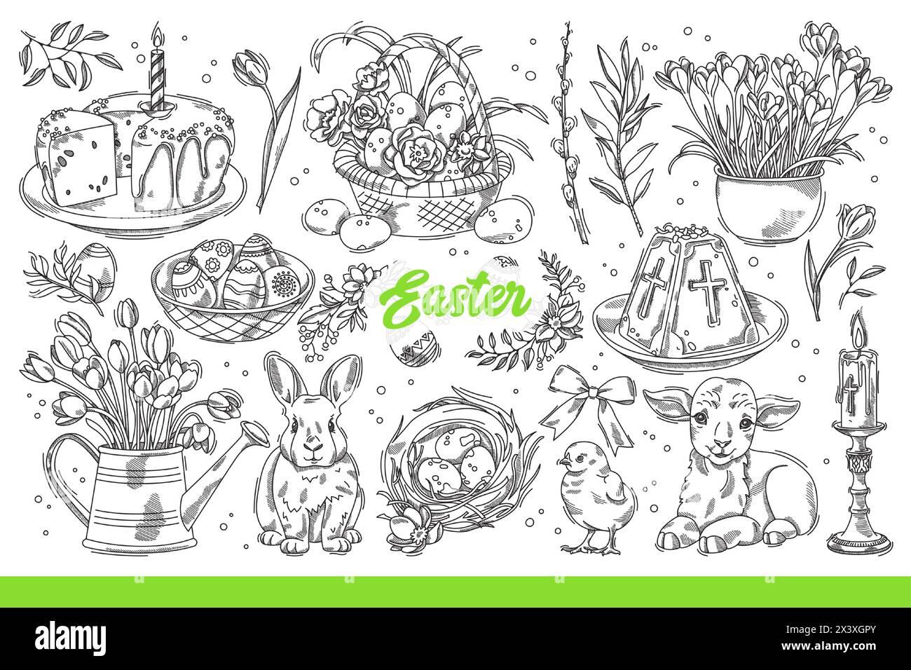 Easter eggs and pastries near flowers or animals symbolizing religious ...