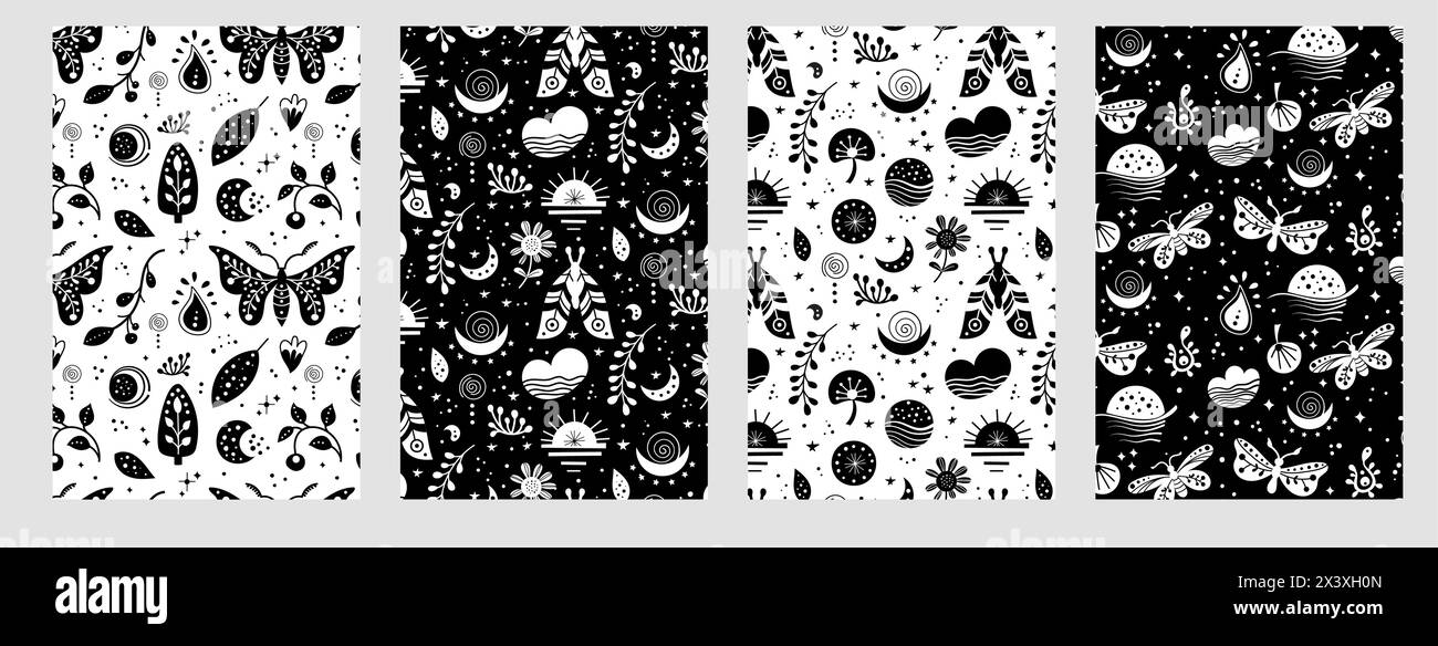 Seamless neo folk pattern with butterfly, moth and flowers, black and ...