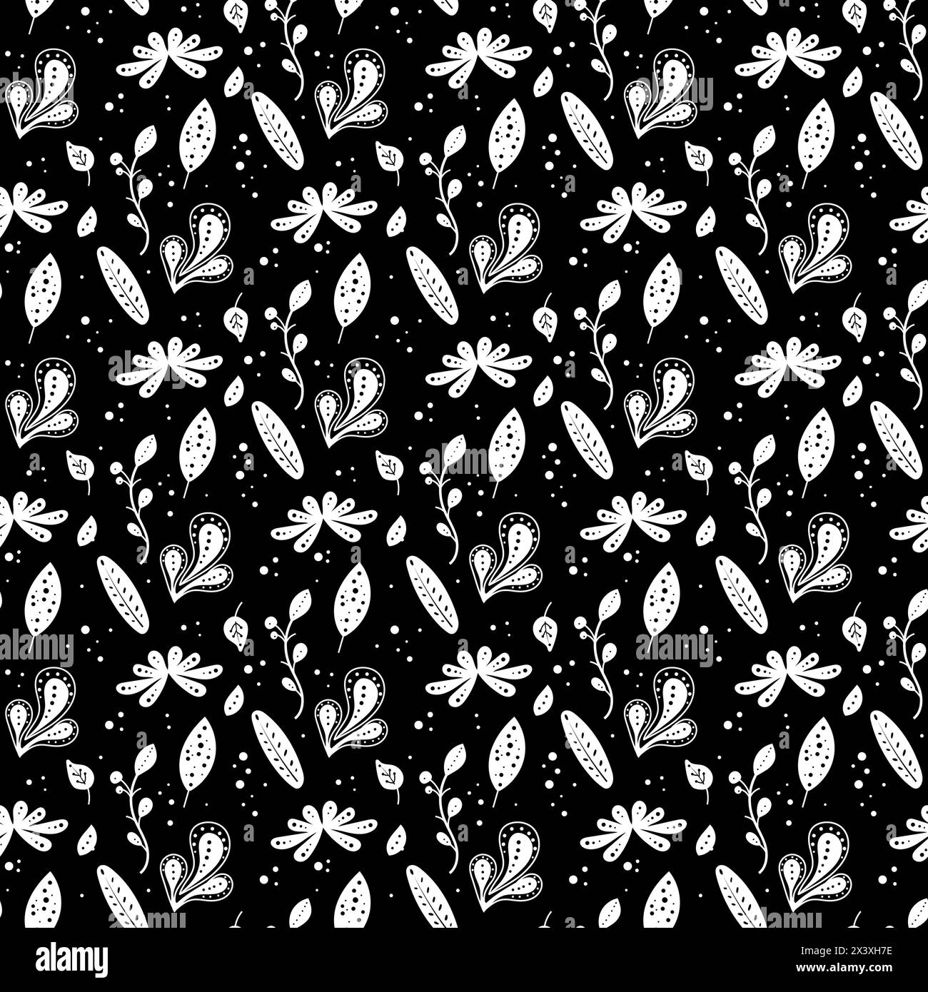 Seamless neo folk art vector pattern with flowers, black and white ...