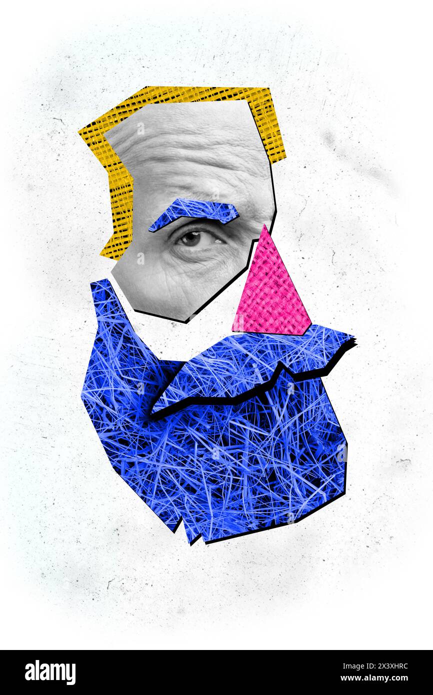 Vertical photo collage of old serious man pensioner blue beard nose ...