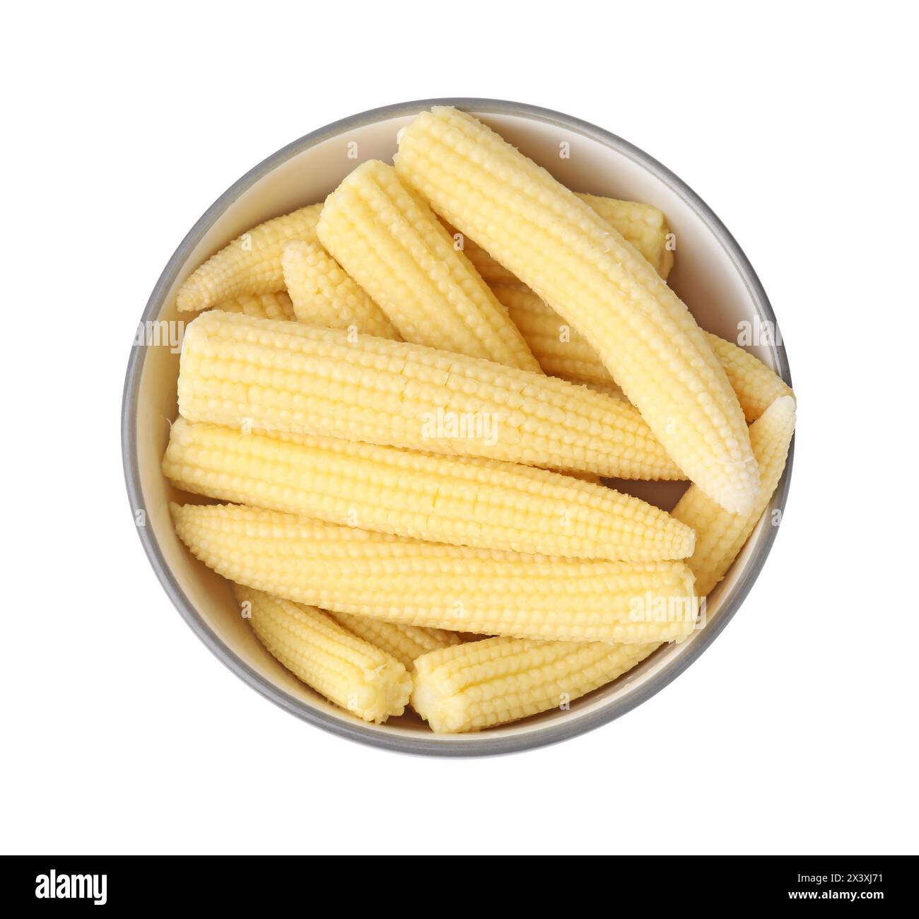 Tasty fresh yellow baby corn in bowl isolated on white, top view Stock ...