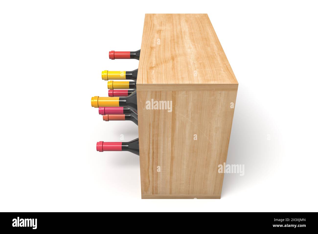 Side view of wine rack with colorful bottle tops Stock Photo - Alamy