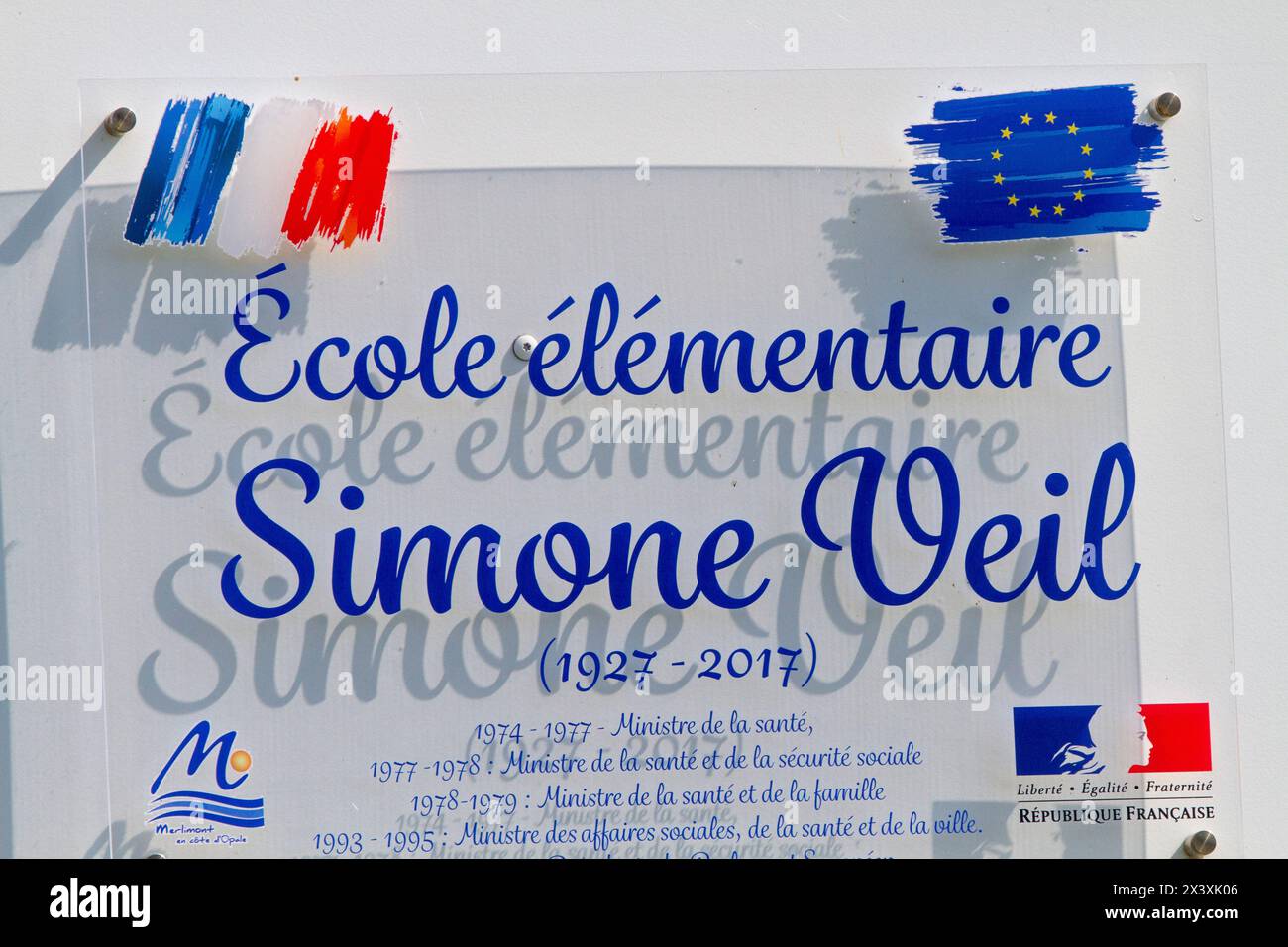 Plaque of a school bearing the name of Simone Veil in Merlimont (62 ...