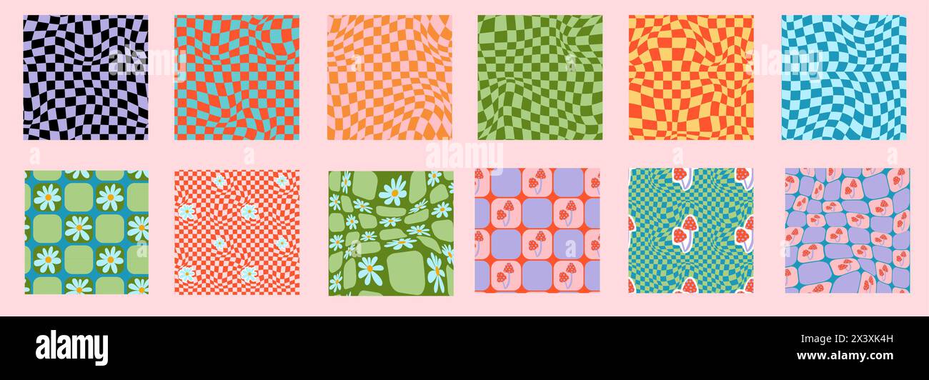 Psychedelic checkerboard and daisy background set. Wavy vector ...