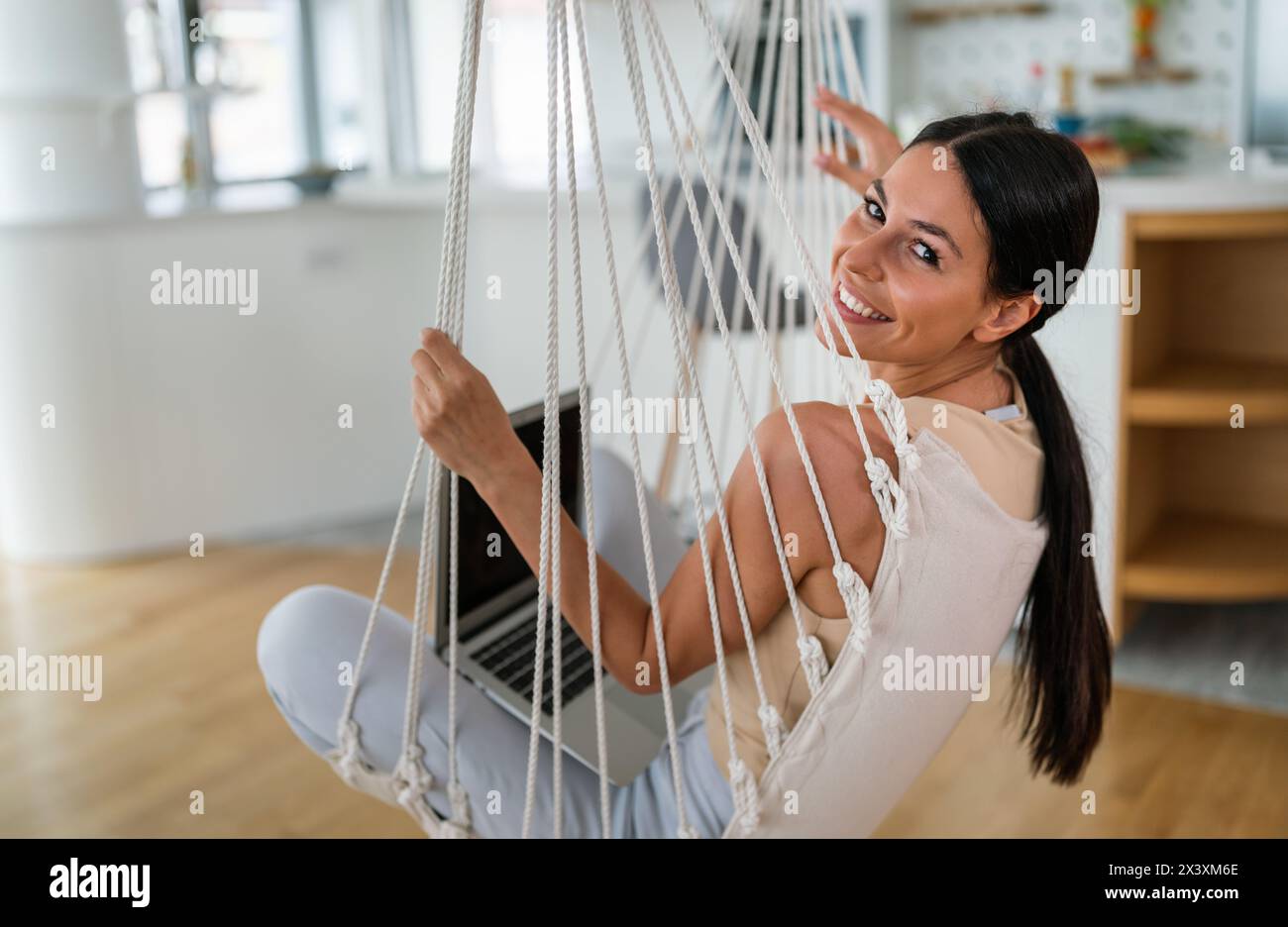 Young woman chill and relax after finish work. Lifestyle girl using ...